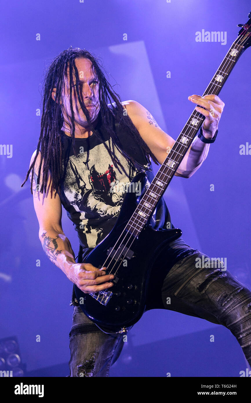 John Moyer of Disturbed performs live on stage during the 'Evolution ...