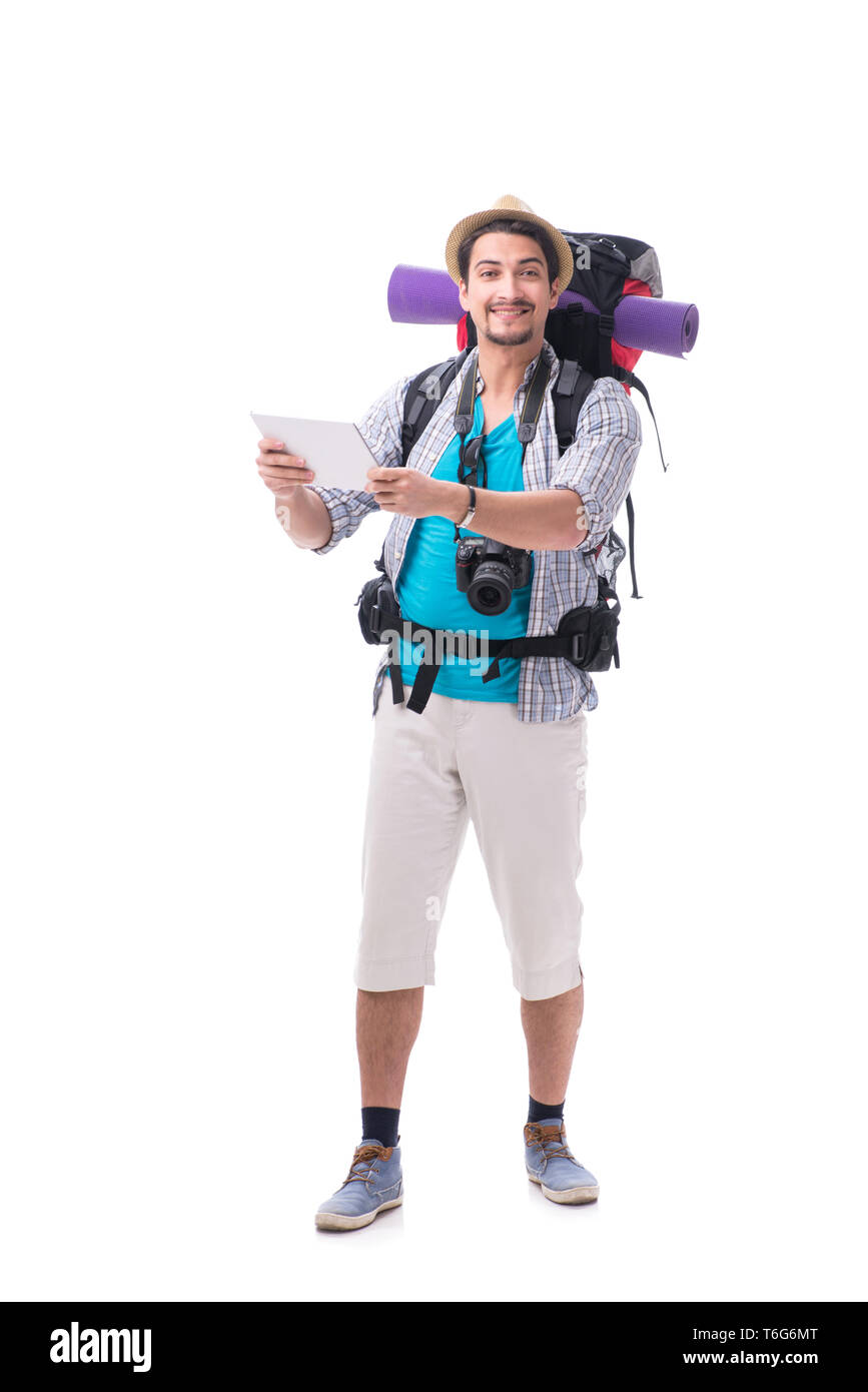 Man lost and looking for direction with map on white Stock Photo - Alamy