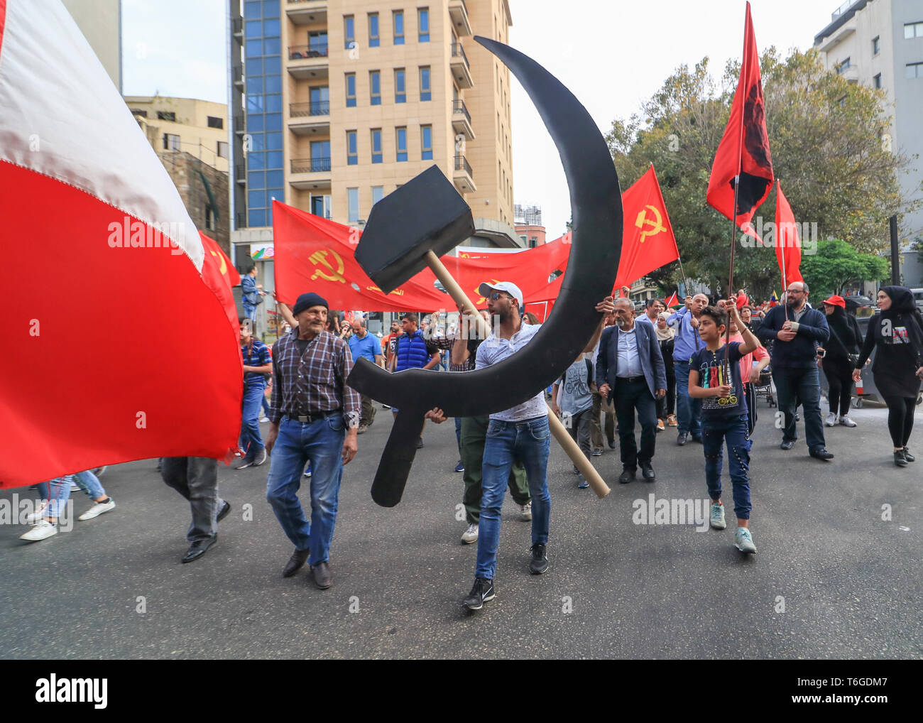 Beirut, Lebanon. 1st May, 2019. A supporter of the Lebanese Communist ...