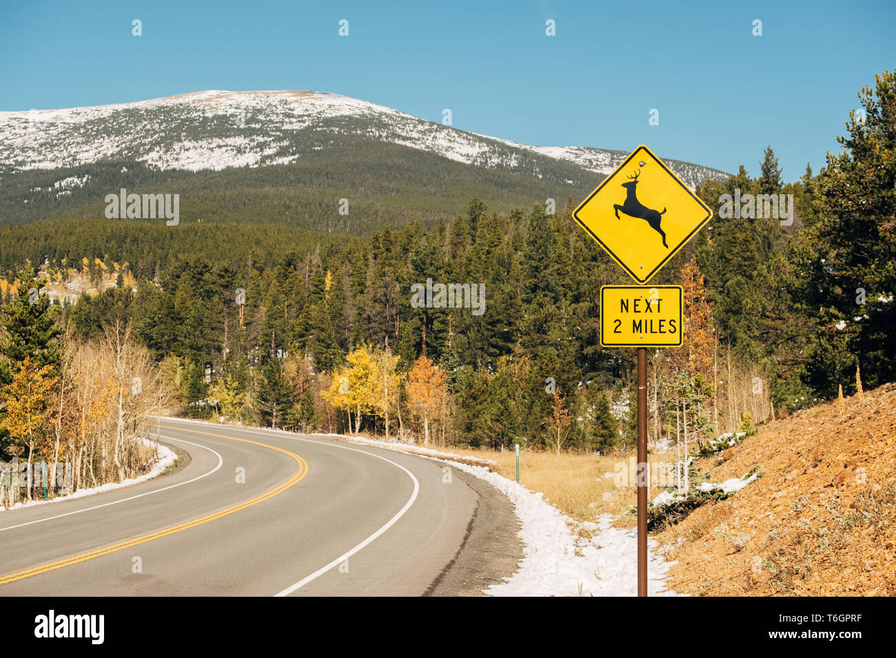 Deer crossing sign on highway at autumn Stock Photo - Alamy