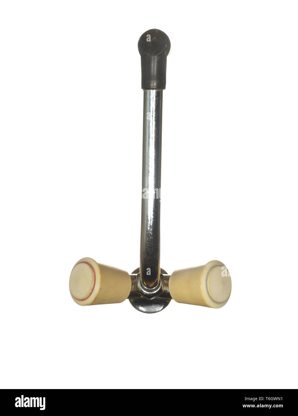 Old used kitchen faucet with two handles isolated on white background ...