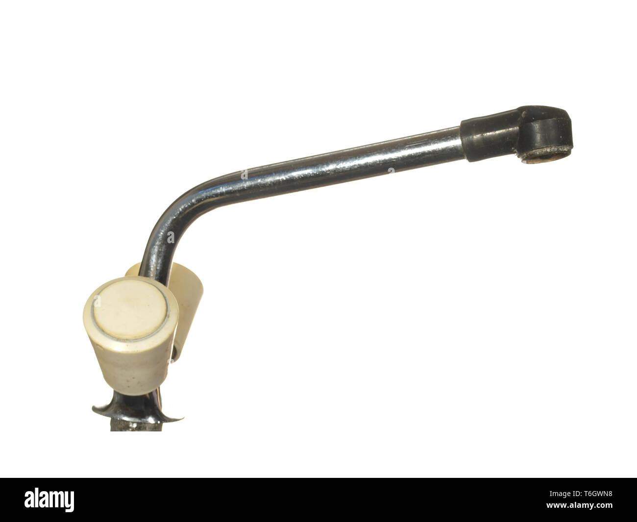 Old used kitchen faucet with two handles isolated on white background ...