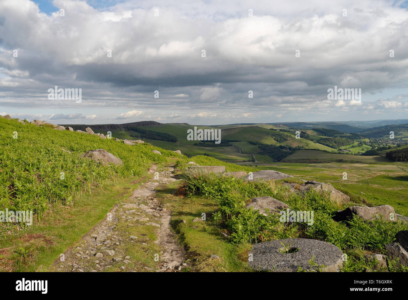 Cloudy sky at Stanage Edge footpath, Peak District landscape view ...