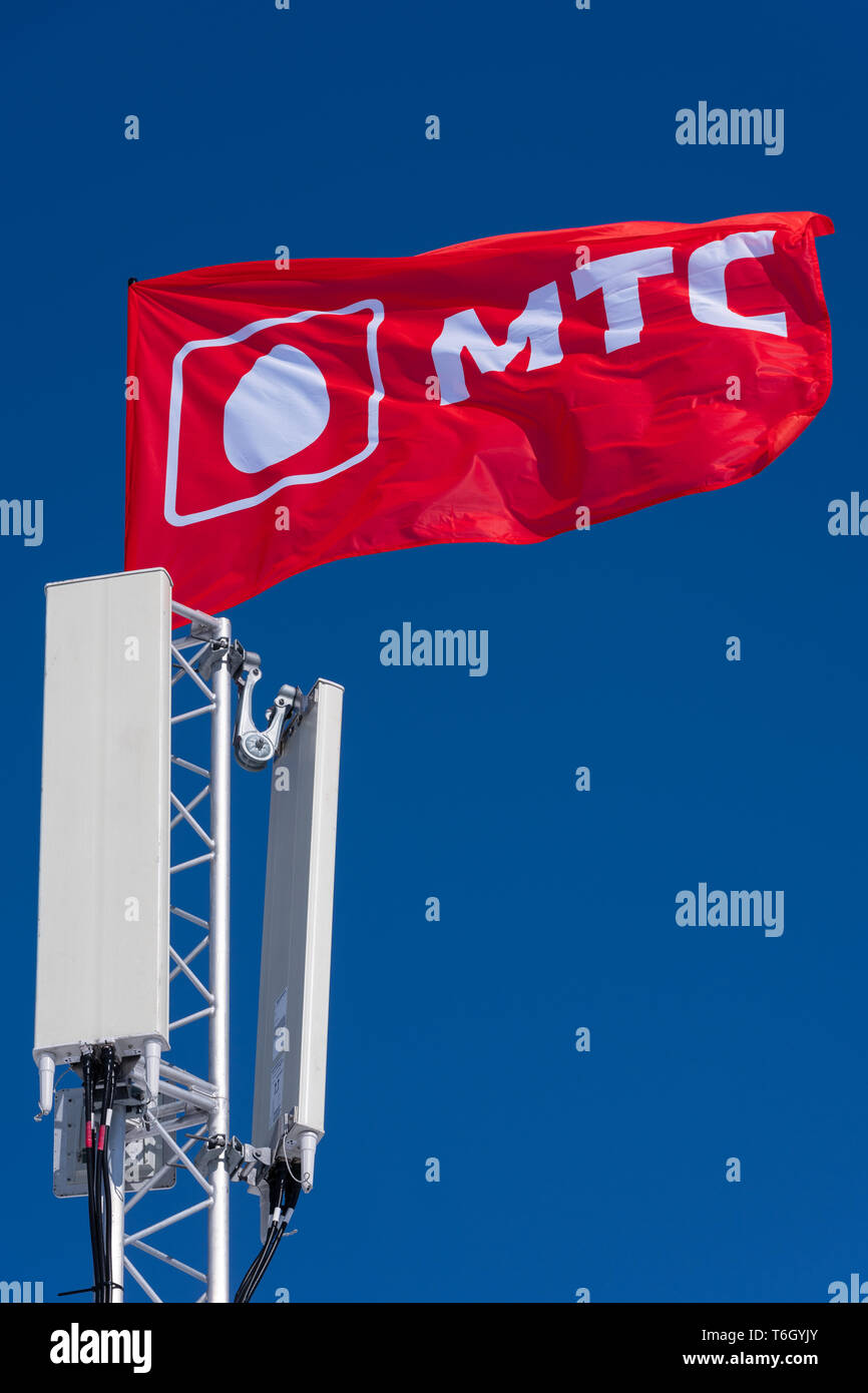Flag with symbols of MTS (Mobile TeleSystems) - mobile operator in ...