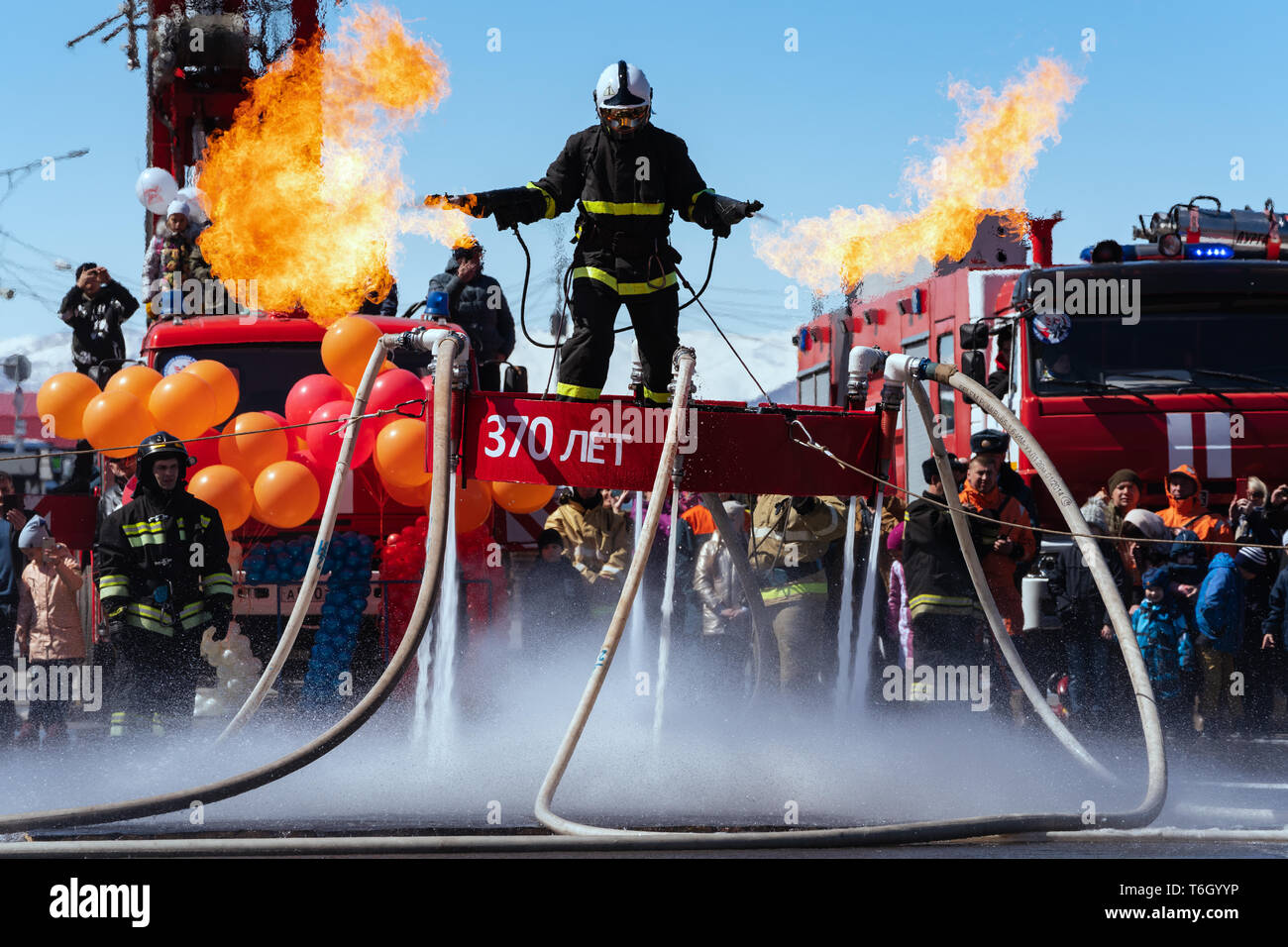 KAMCHATKA PENINSULA, RUSSIA - APR 27, 2019: Rescue firefighter Emercom ...
