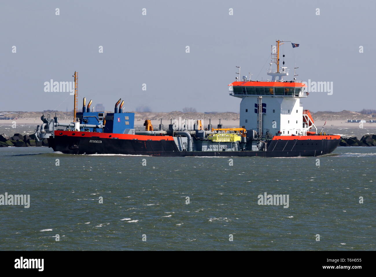 The hopper dredger Ecodelta is working on April 10, 2019 in front of the port of Rotterdam on ...