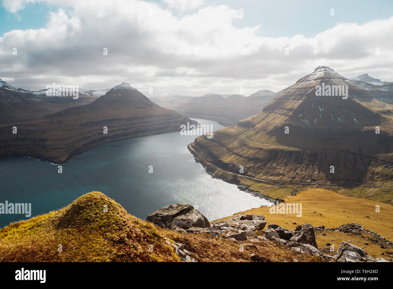 Spectacular views of the scenic fjords with snow-covered mountains on ...