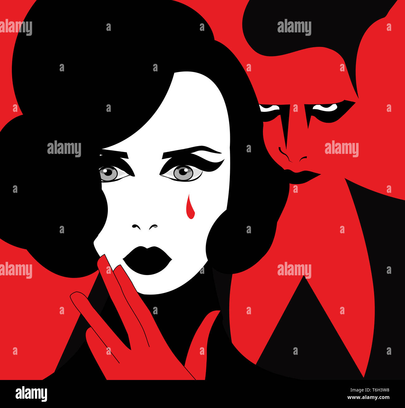 illustration of a woman crying with an evil man behind her who provoked ...