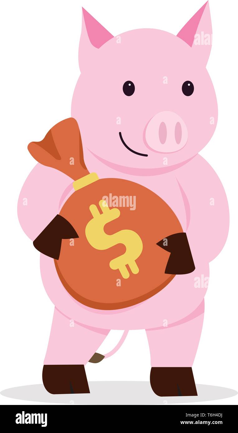 flat pig holding money bag cartoon design with isolatd white background ...