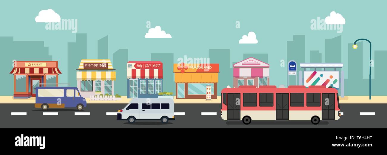 City street and store buildings with bus , minibus on street vector ...