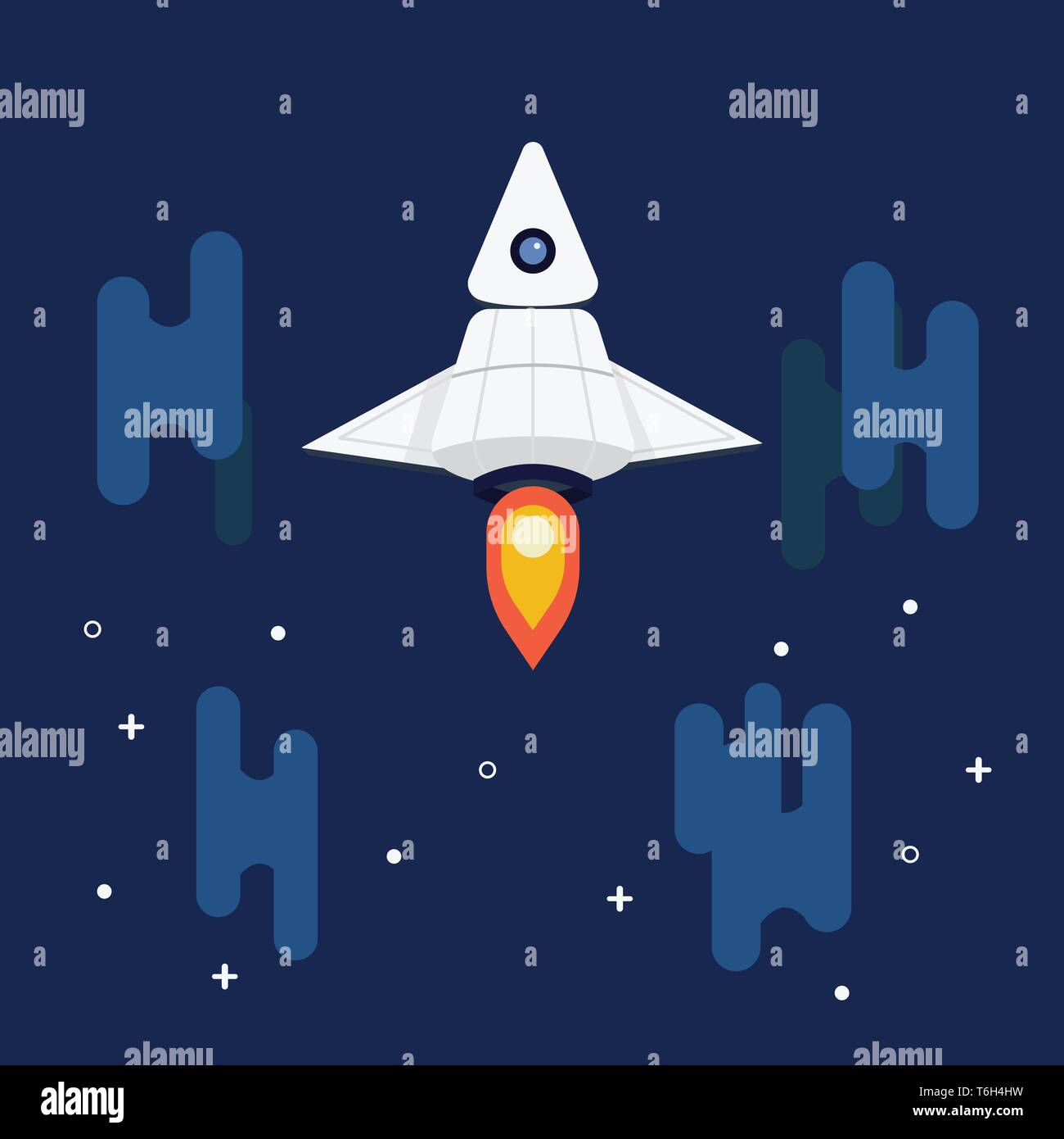 Flat spcaeship design travel in space.Spacecraft cartoon launch to ...