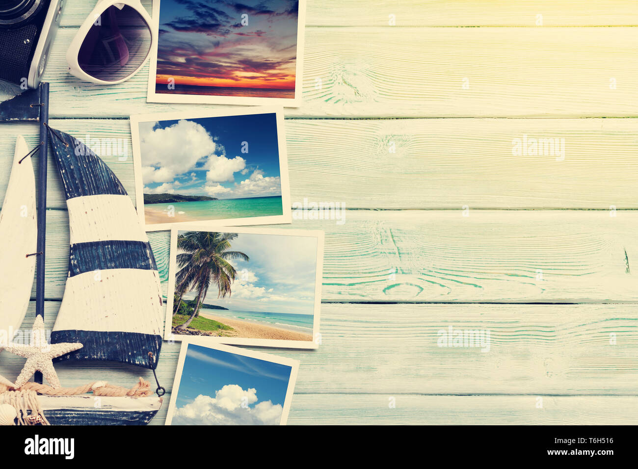 Travel vacation background concept with sunglasses, camera and weekend ...