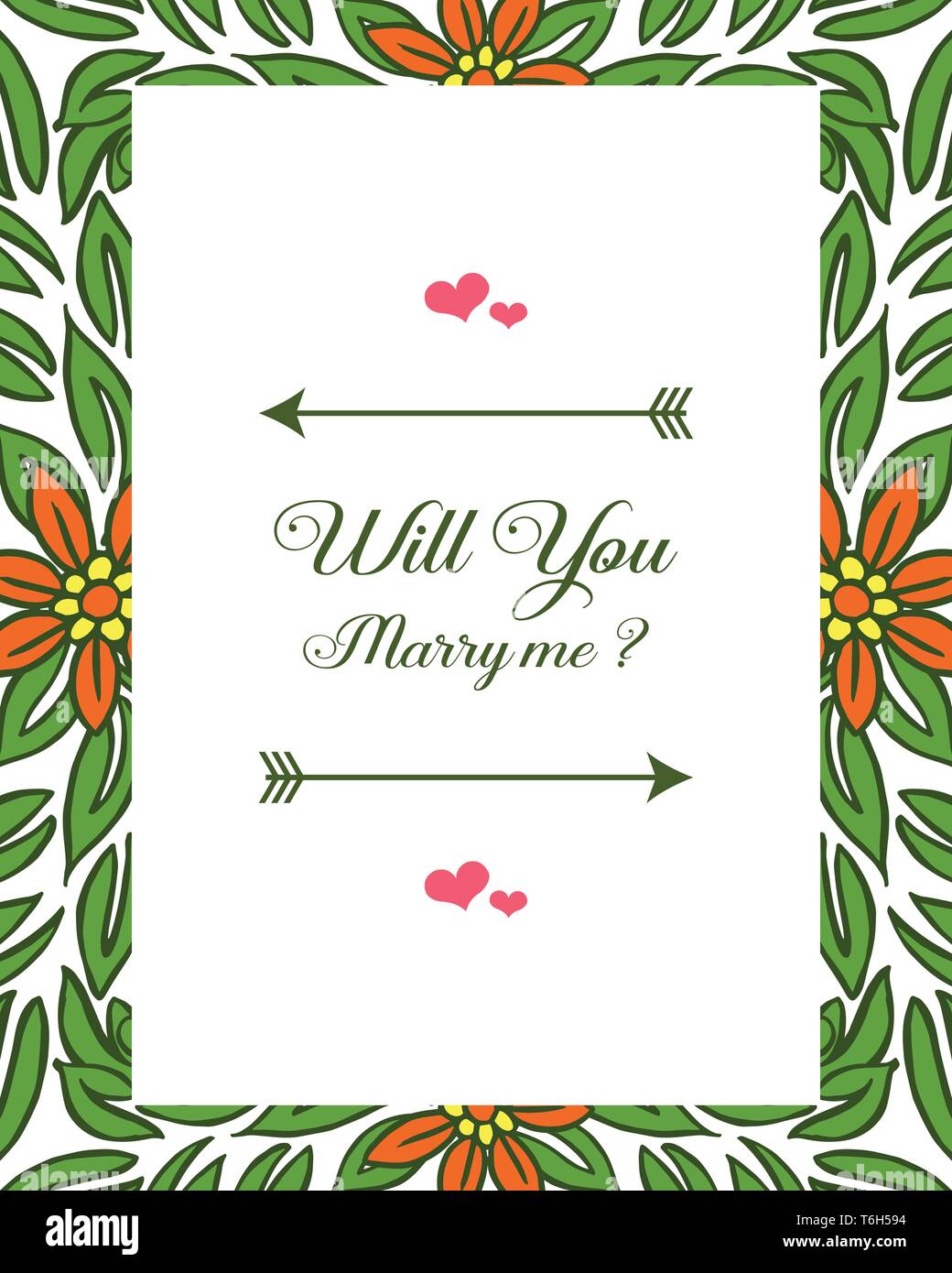 Vector illustration letter will you marry me with green leafy flower ...