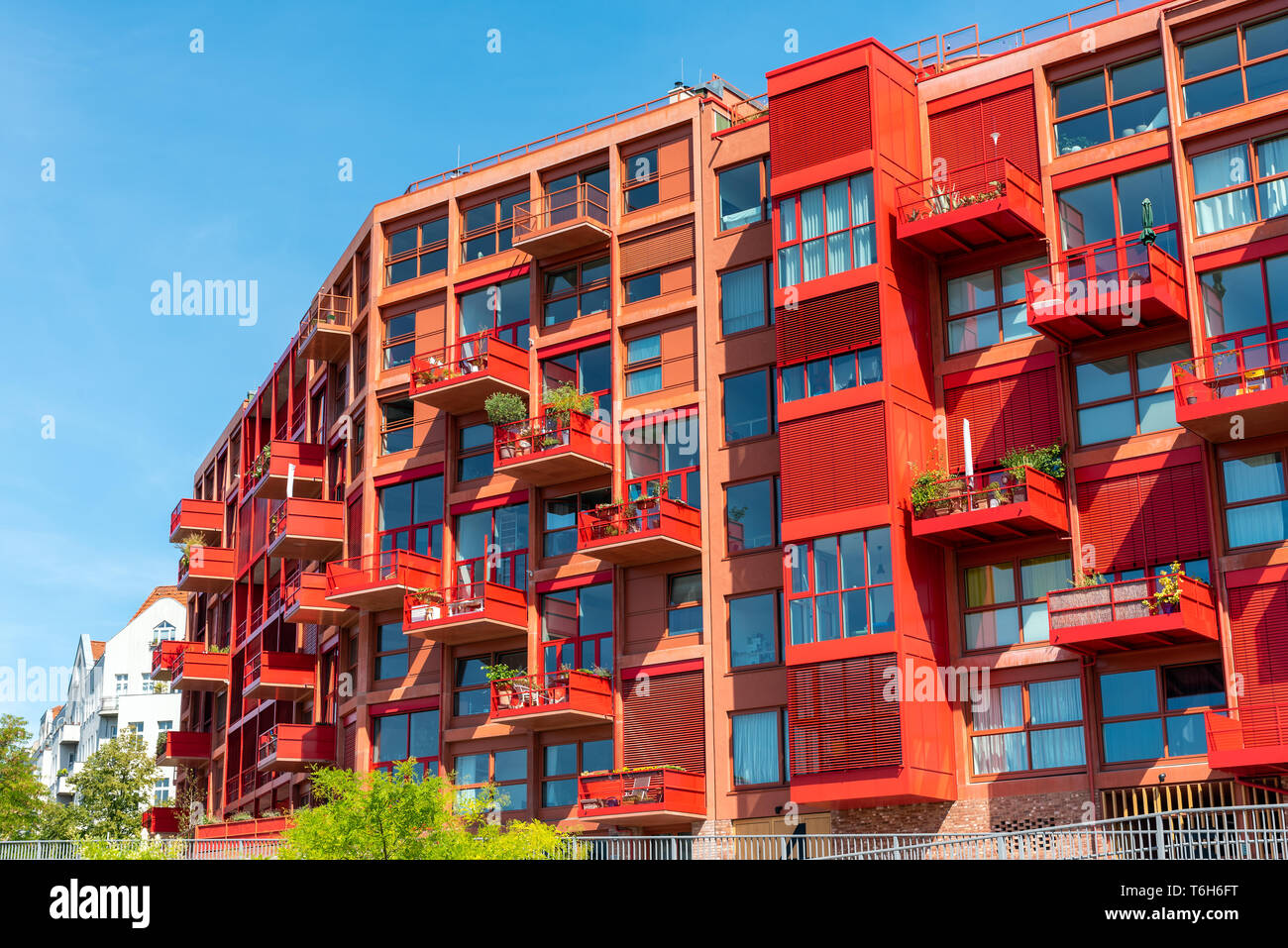 New red multi-family apartment house seen in Berlin, Germany Stock ...