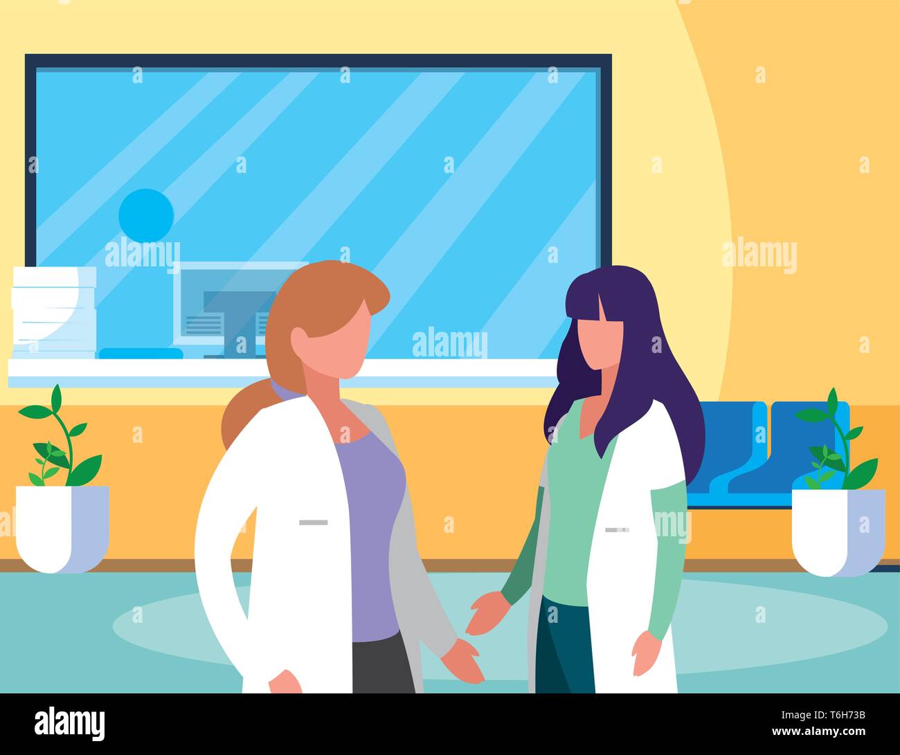 female medicine workers in clinic reception scene vector illustration ...