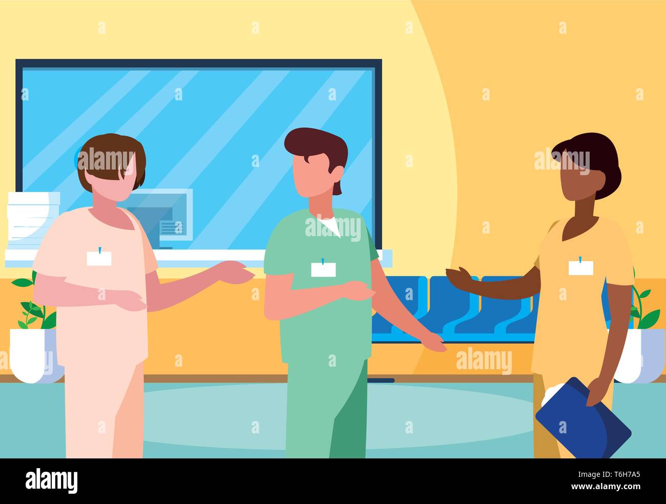 interracial group medicine workers in clinic reception vector ...