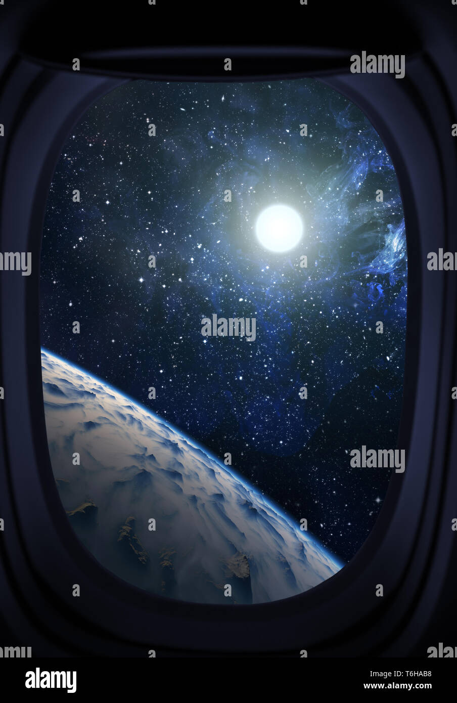 Window view of space with planet and stars Stock Photo - Alamy