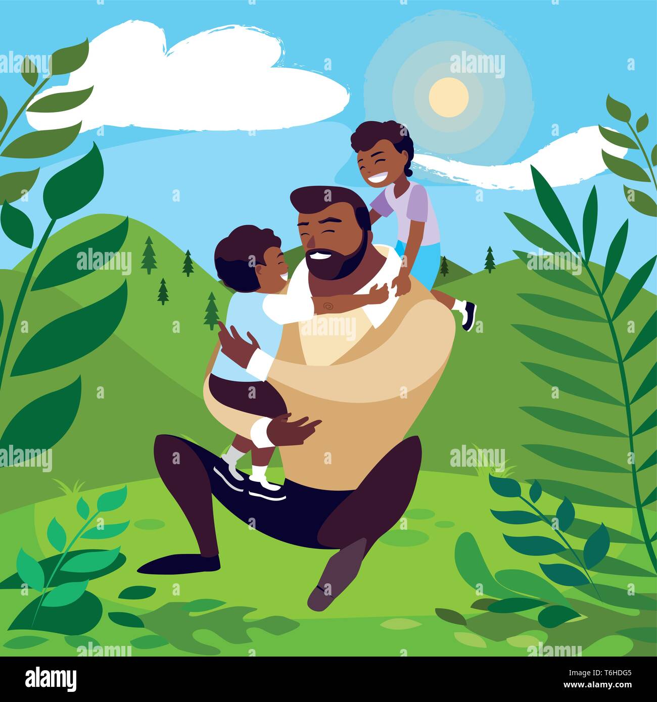 afro father with sons characters in the field vector illustration ...