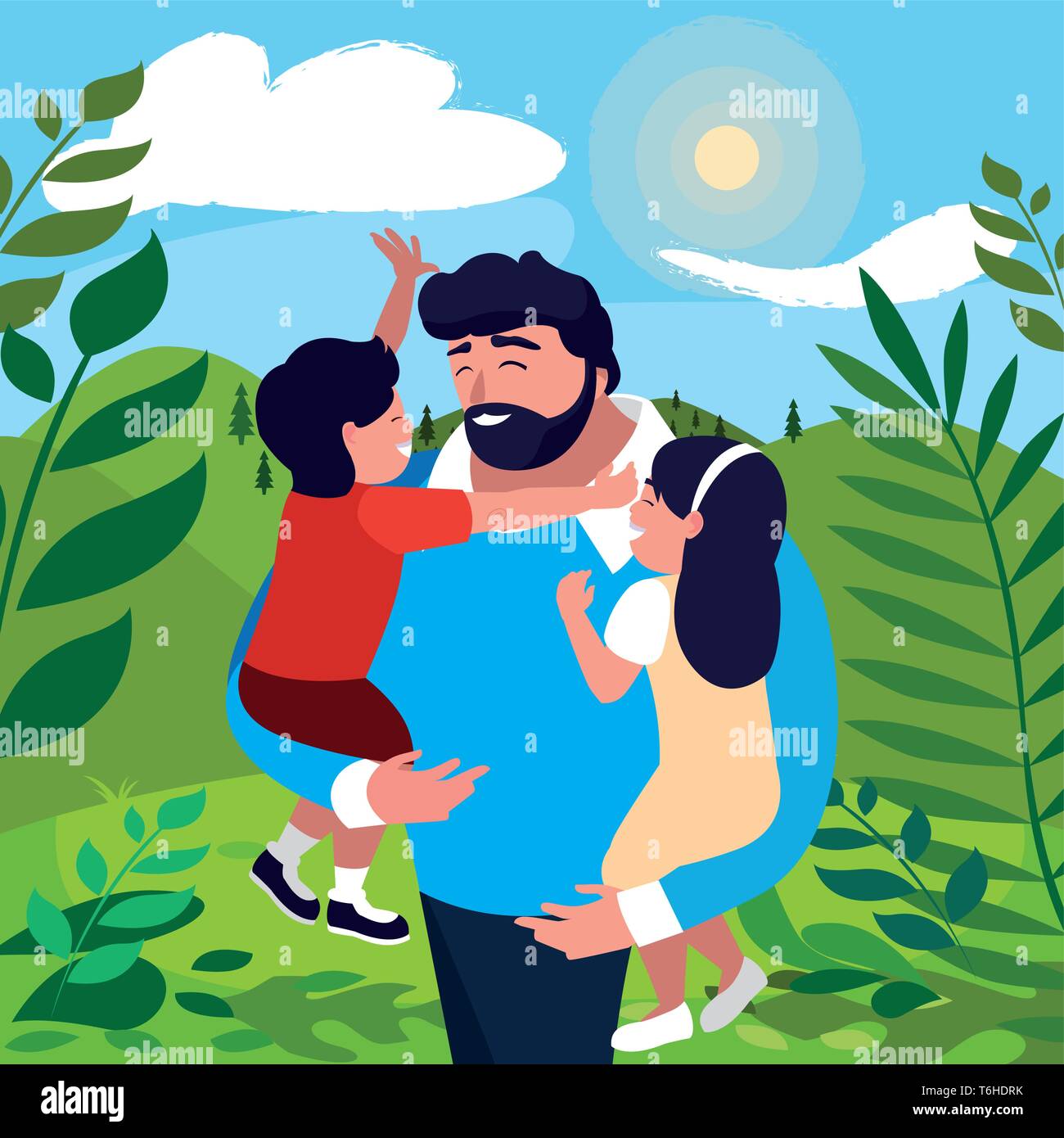 father with son and daughter characters in the field vector ...