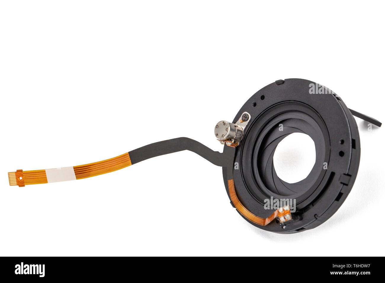 Lens aperture assembly with flex cable and motor, isolated on white ...