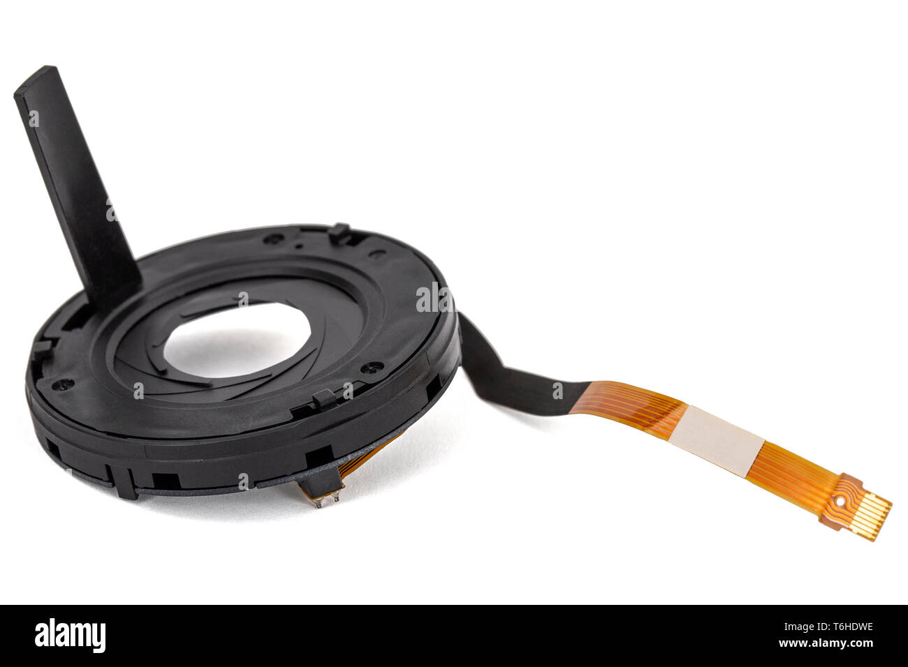 Lens aperture assembly with flex cable and motor, isolated on white ...