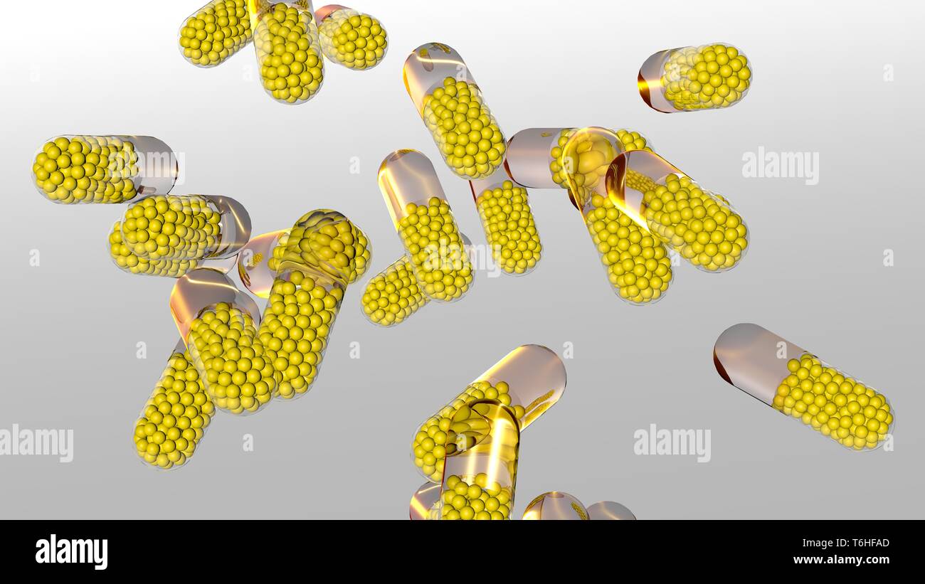 Beautiful capsule pills (3d rendered ) with shining transparent gel ...