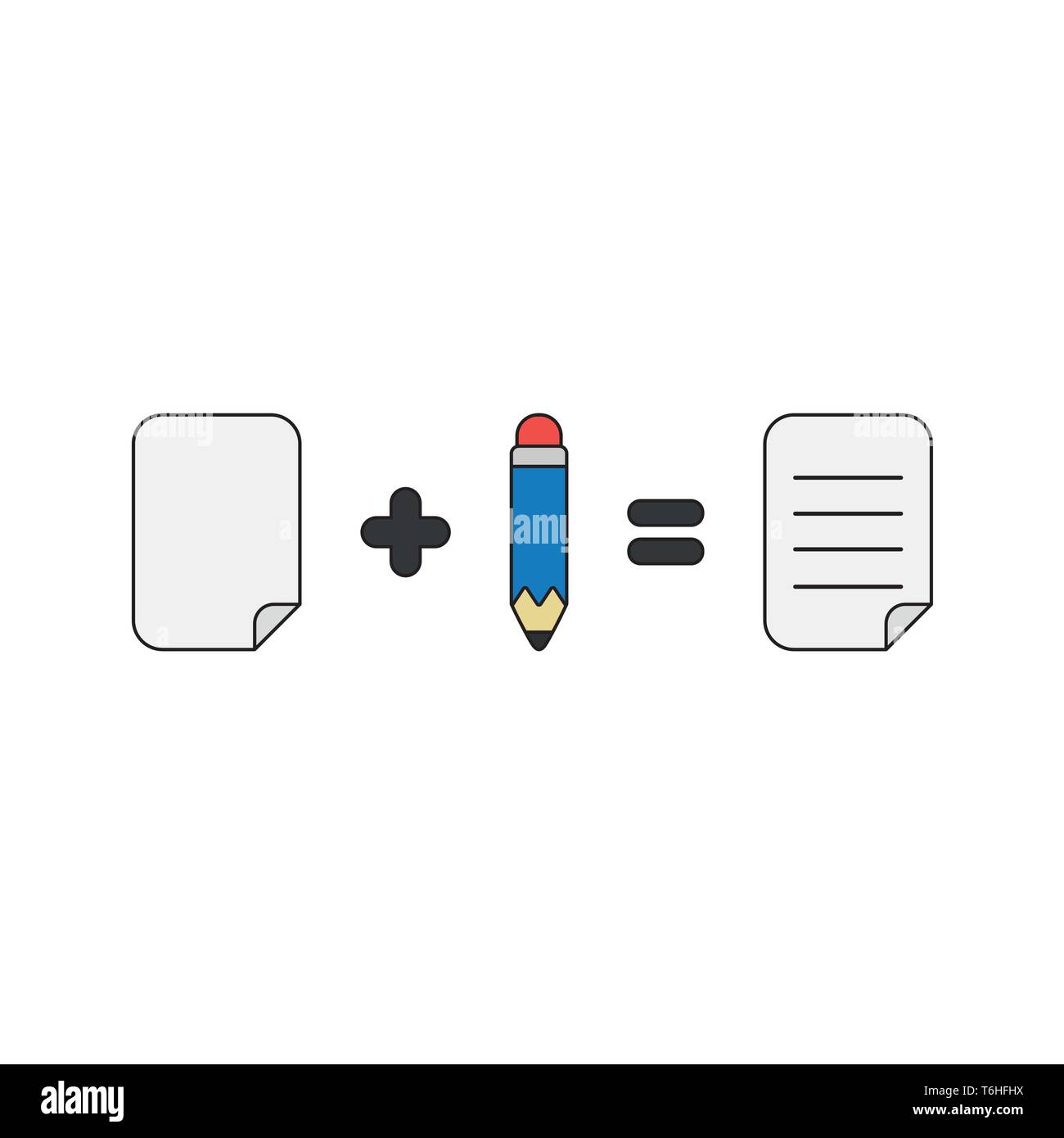 Vector icon concept of blank paper plus pencil equals written paper ...