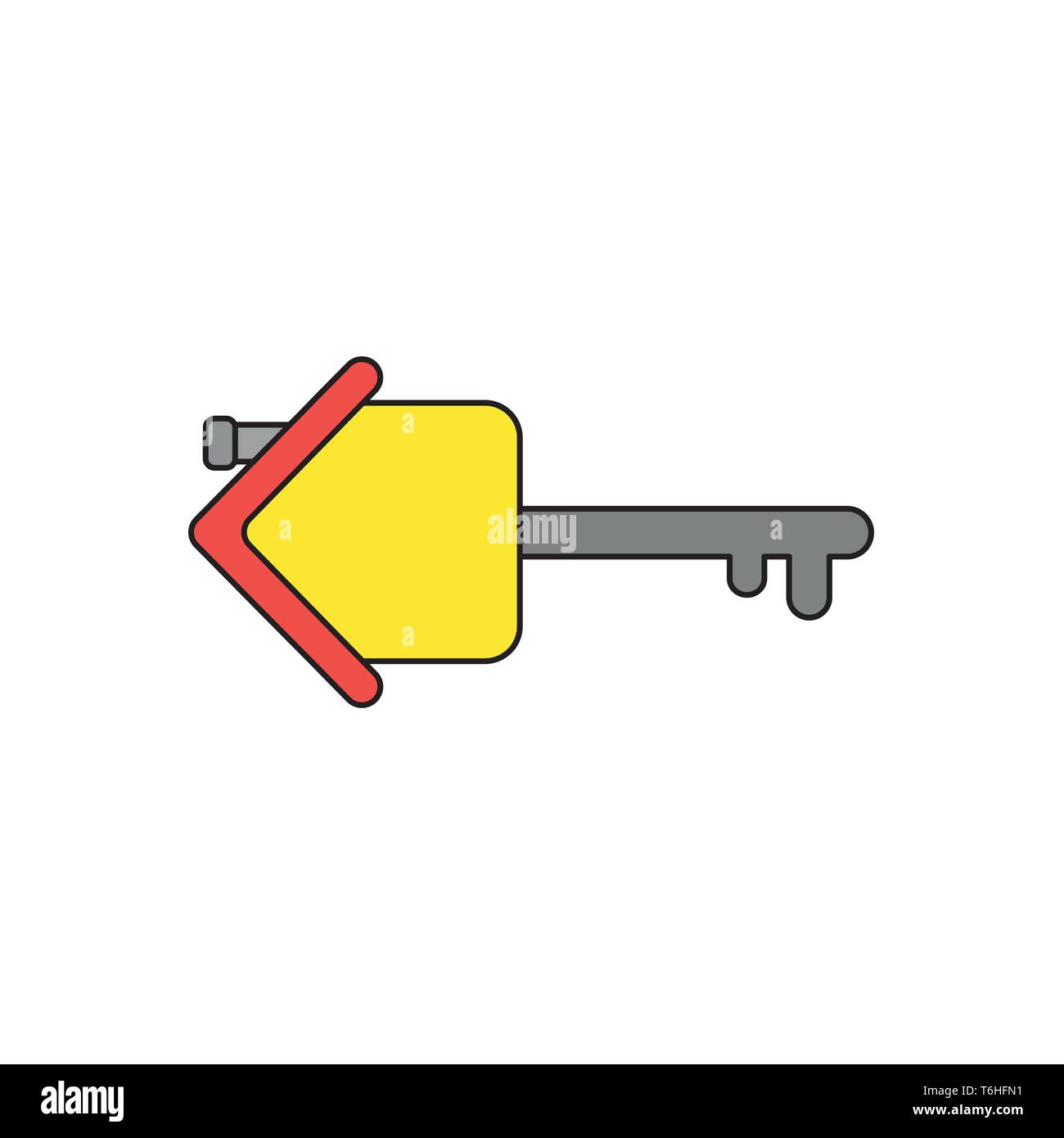 Vector icon concept of yellow house with grey key. Black outlines and ...