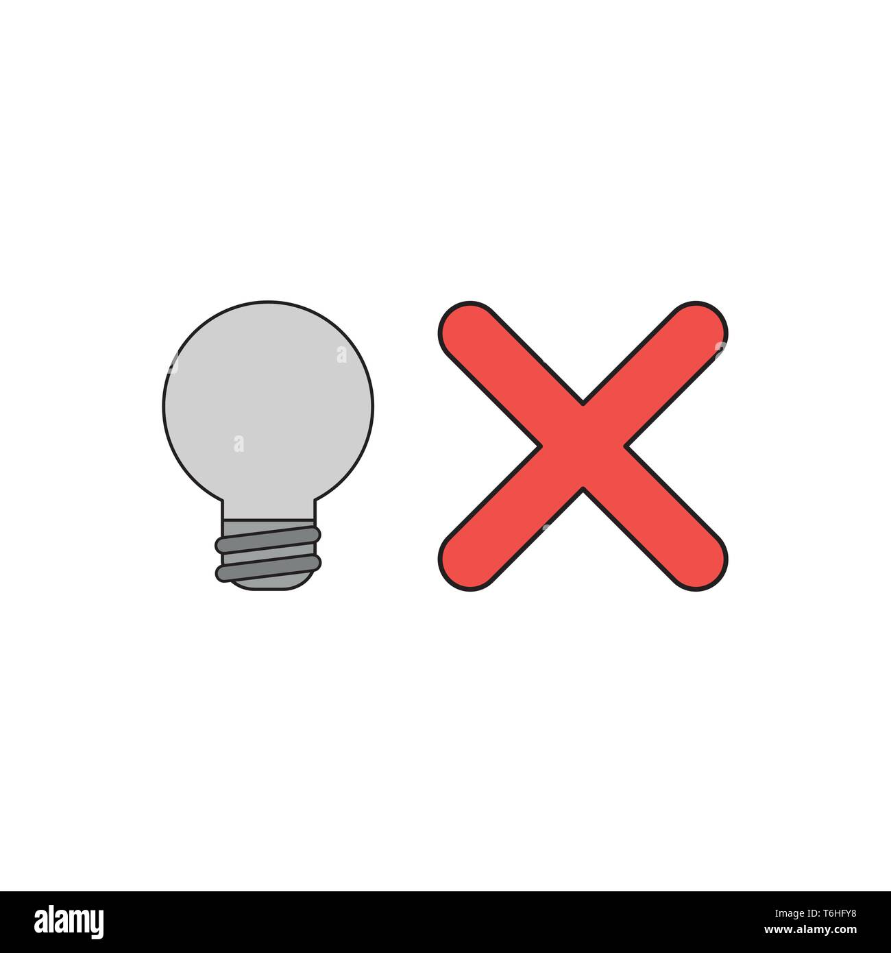 Vector icon concept of grey light bulb with red x mark. Black outlines ...