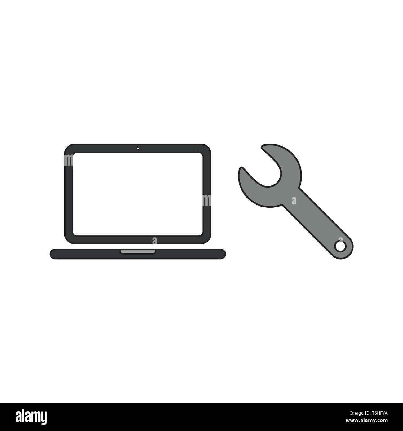 Vector icon concept of repair black laptop computer with grey spanner ...