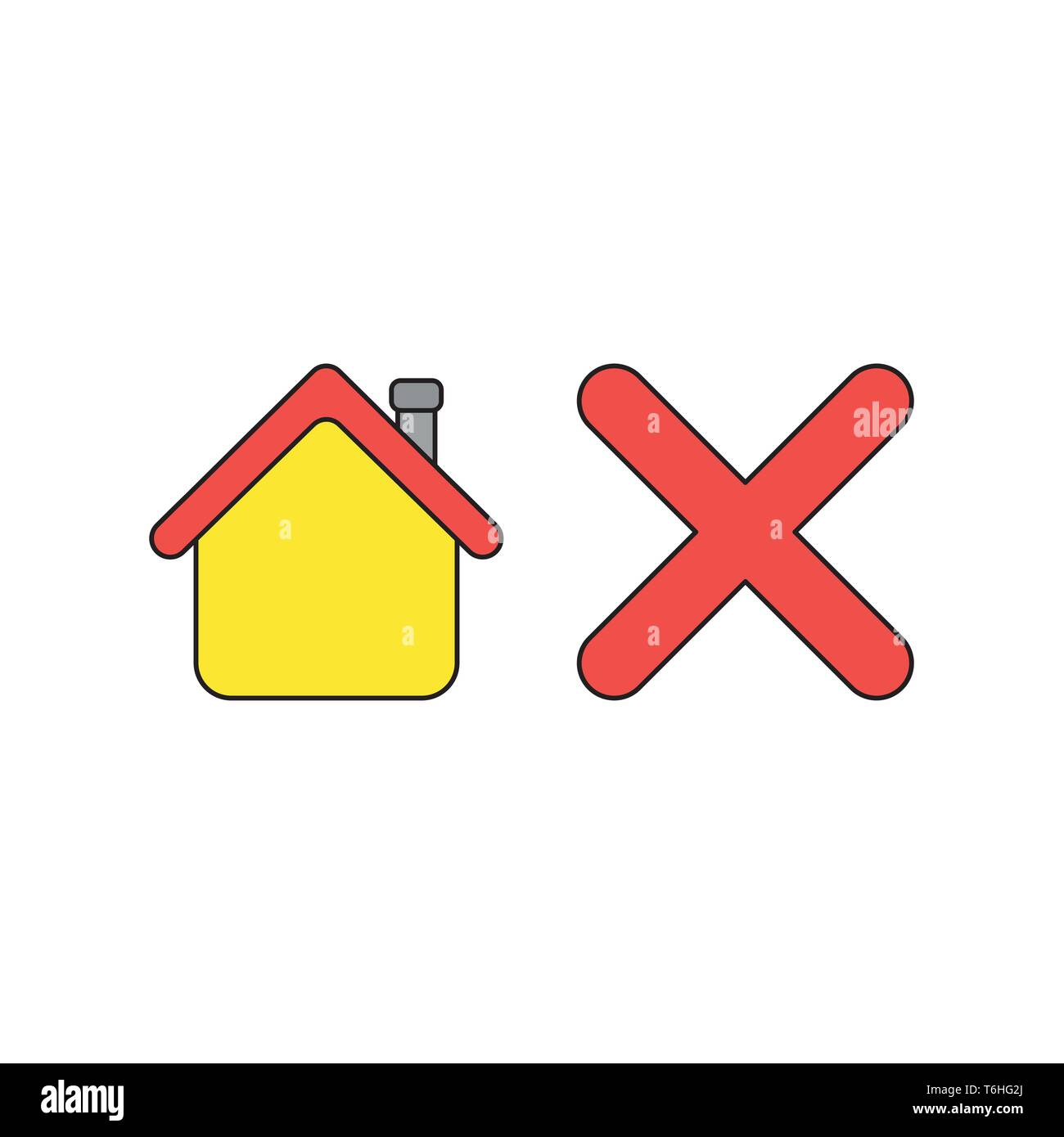 Vector icon concept of yellow house with red x mark. Black outlines and ...