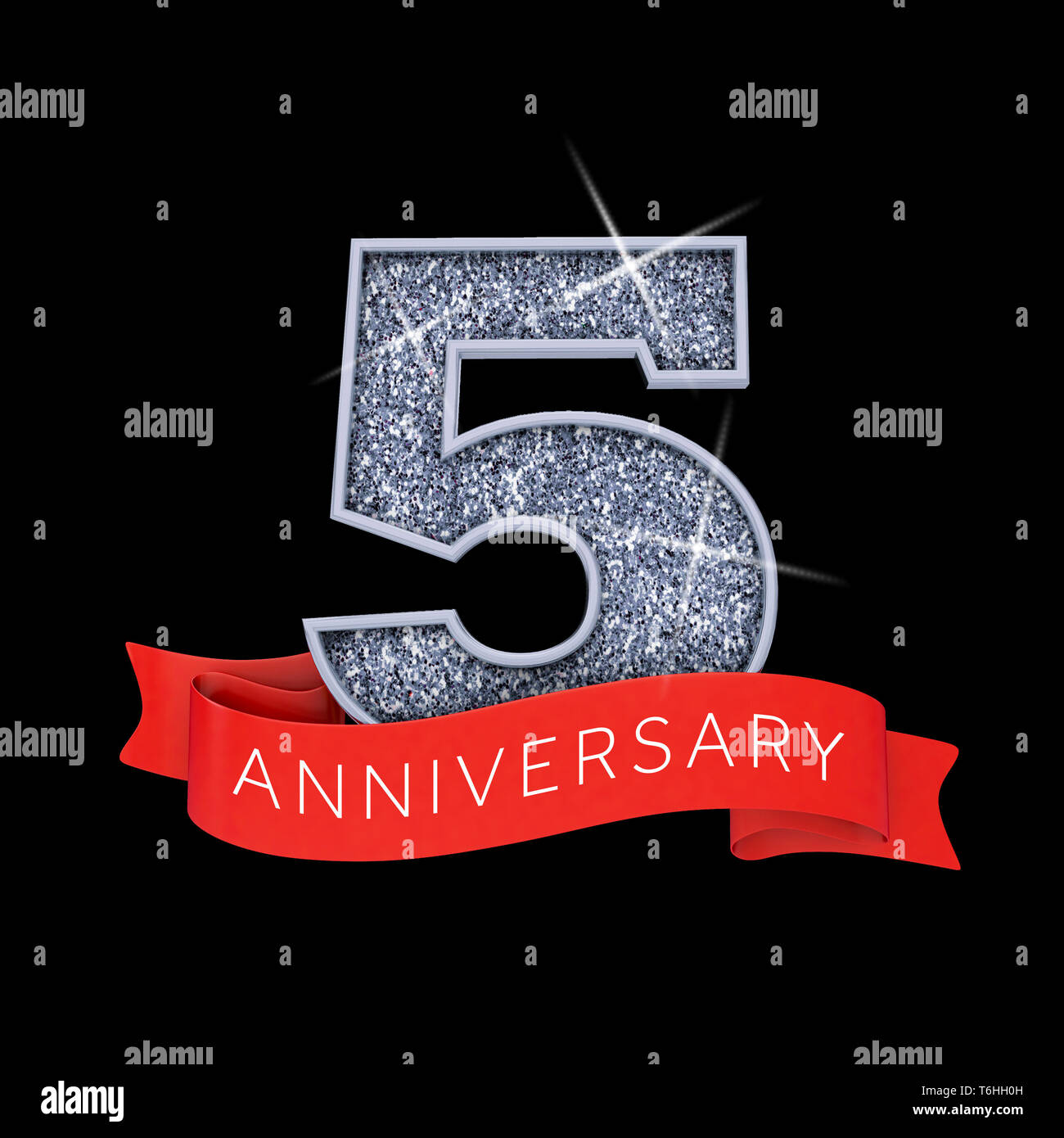 Number 5 silver sparkling anniversay celebration banner. 3D Render ...