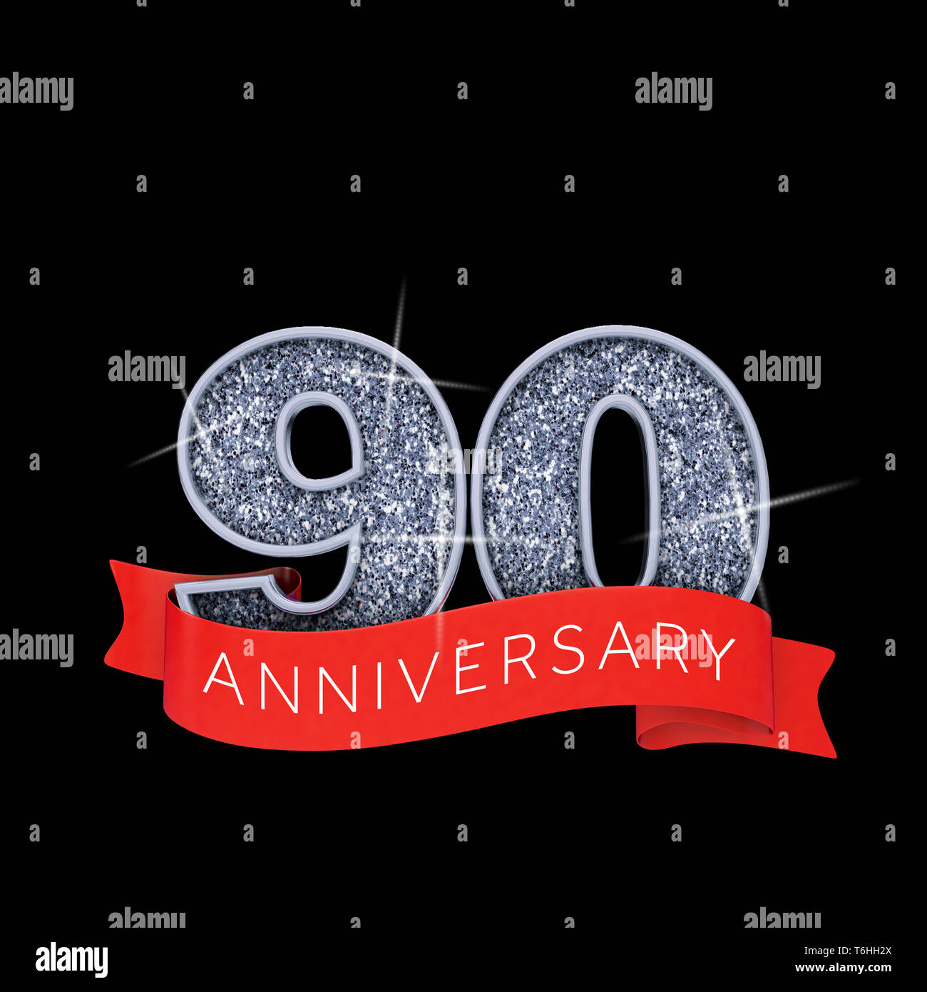 Number 90 silver sparkling anniversay celebration banner. 3D Render ...