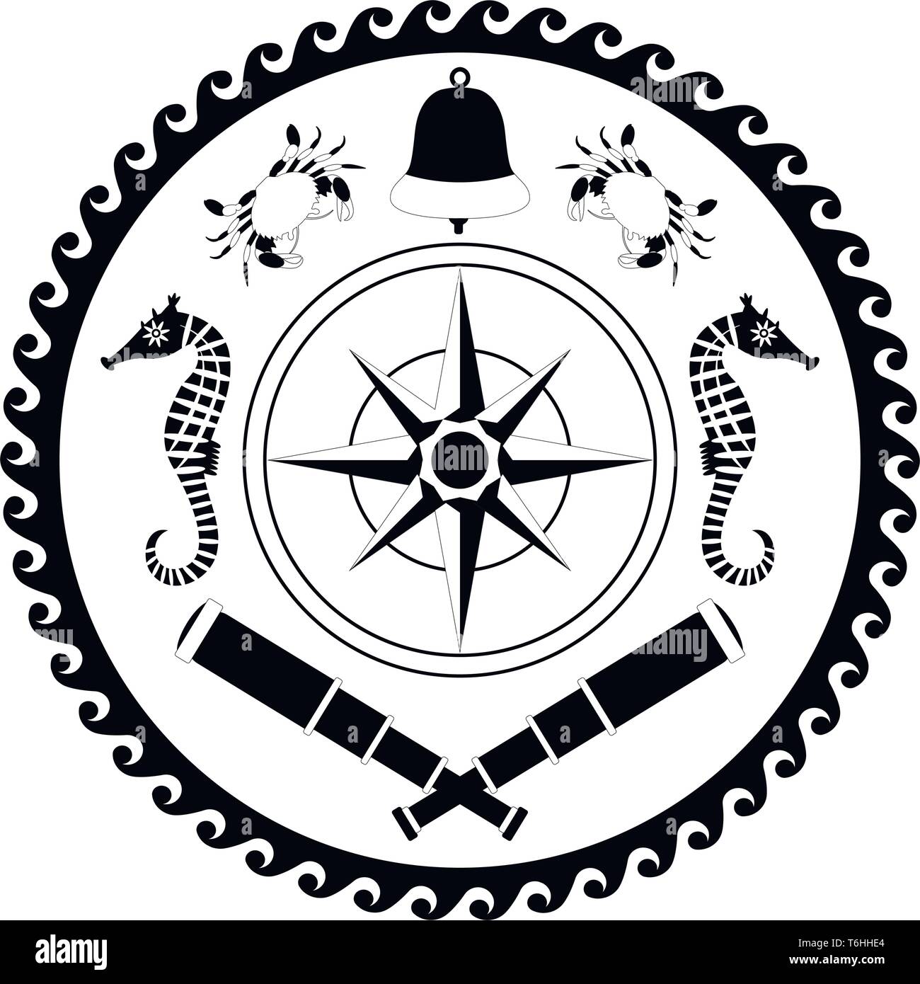 Nautical circle black and white poster. Cartoon style. Compass rose ...