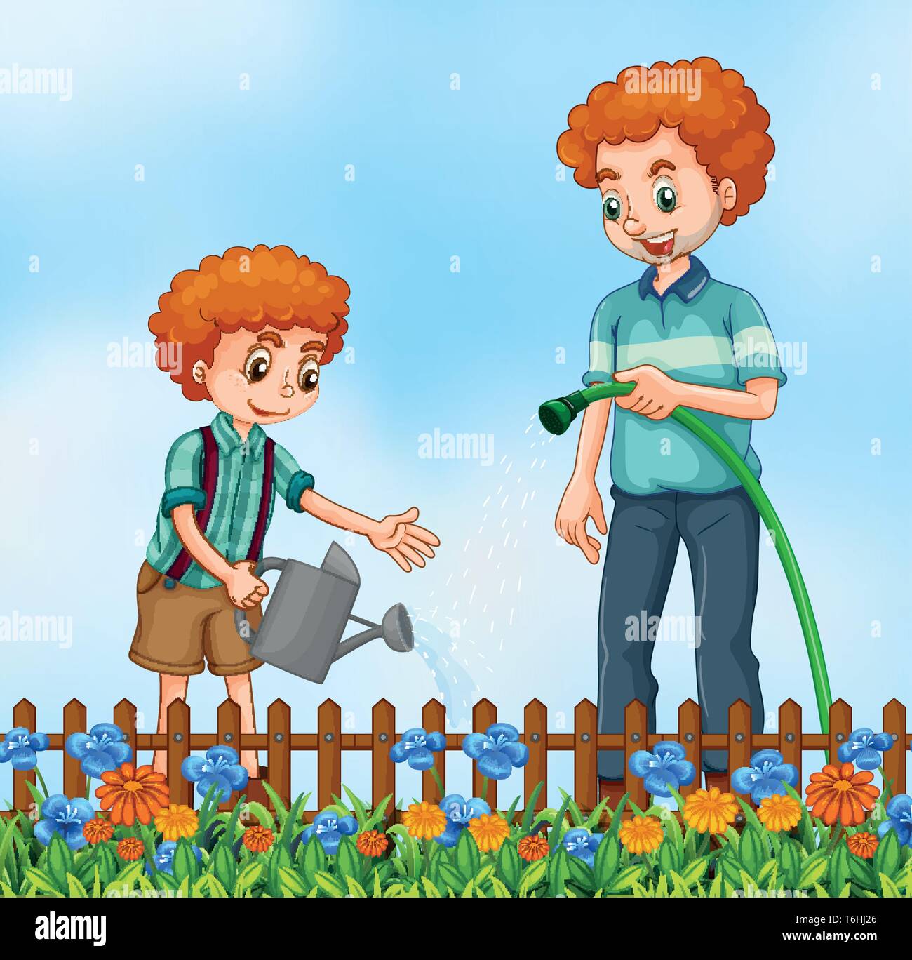 Father nad son watering the garden illustration Stock Vector Image ...