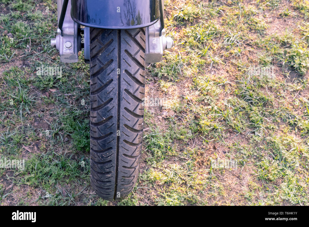 Bike front tire on green ground, closeup view from front side Stock ...