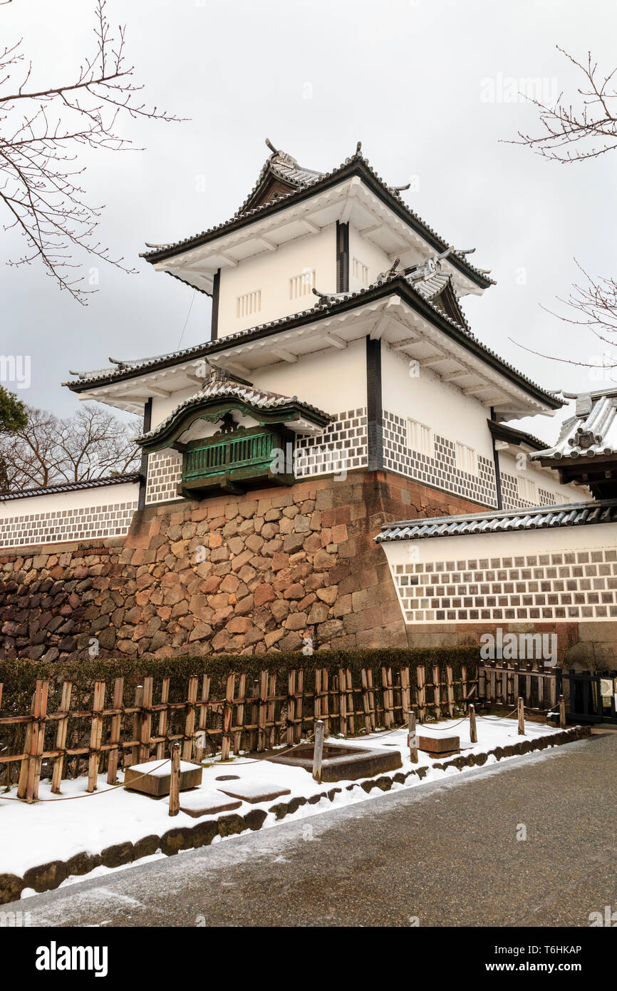 Kanazawa castle in Japan. The two storey turret guarding the Koraimon ...