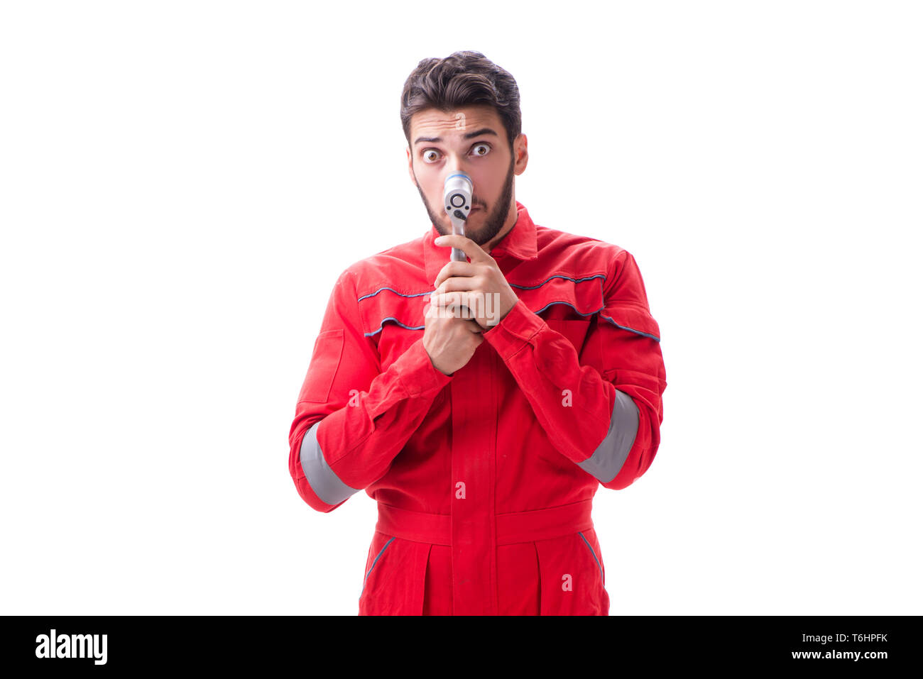 Funny automobile mechanic with wrench isolated on white Stock Photo - Alamy