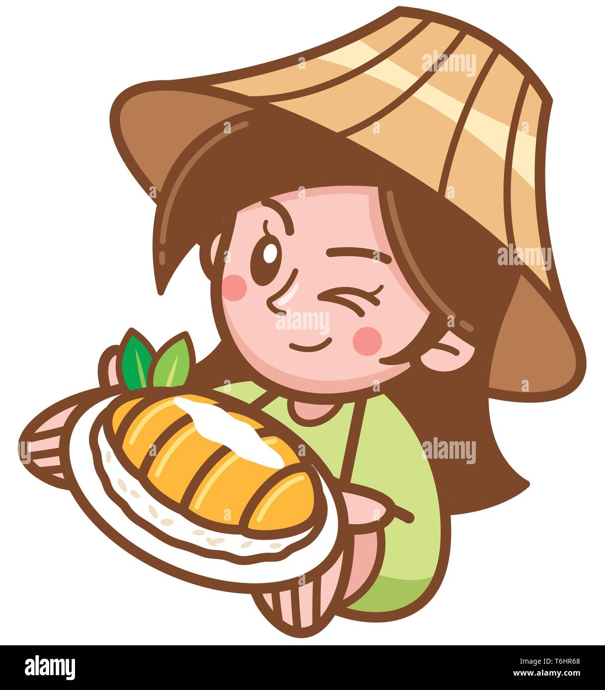 Vector illustration of Cartoon Female presenting Mango sticky rice ...