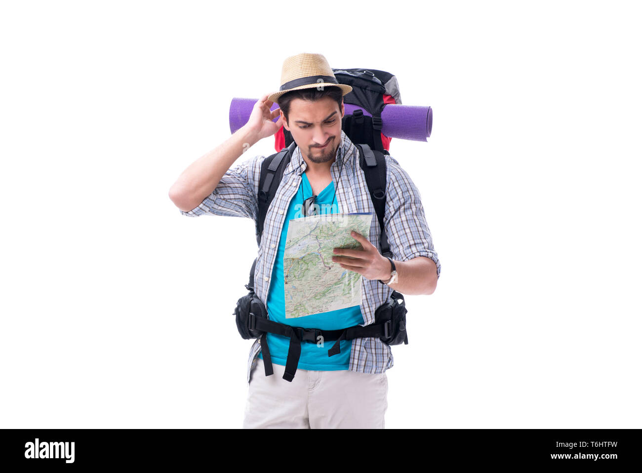 Man lost and looking for direction with map on white Stock Photo - Alamy