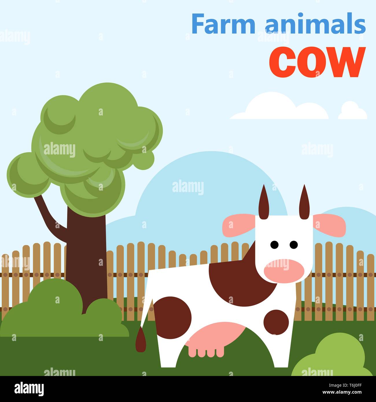 The Farm animal cow on peaceful meadow with grass and tree. Educational ...