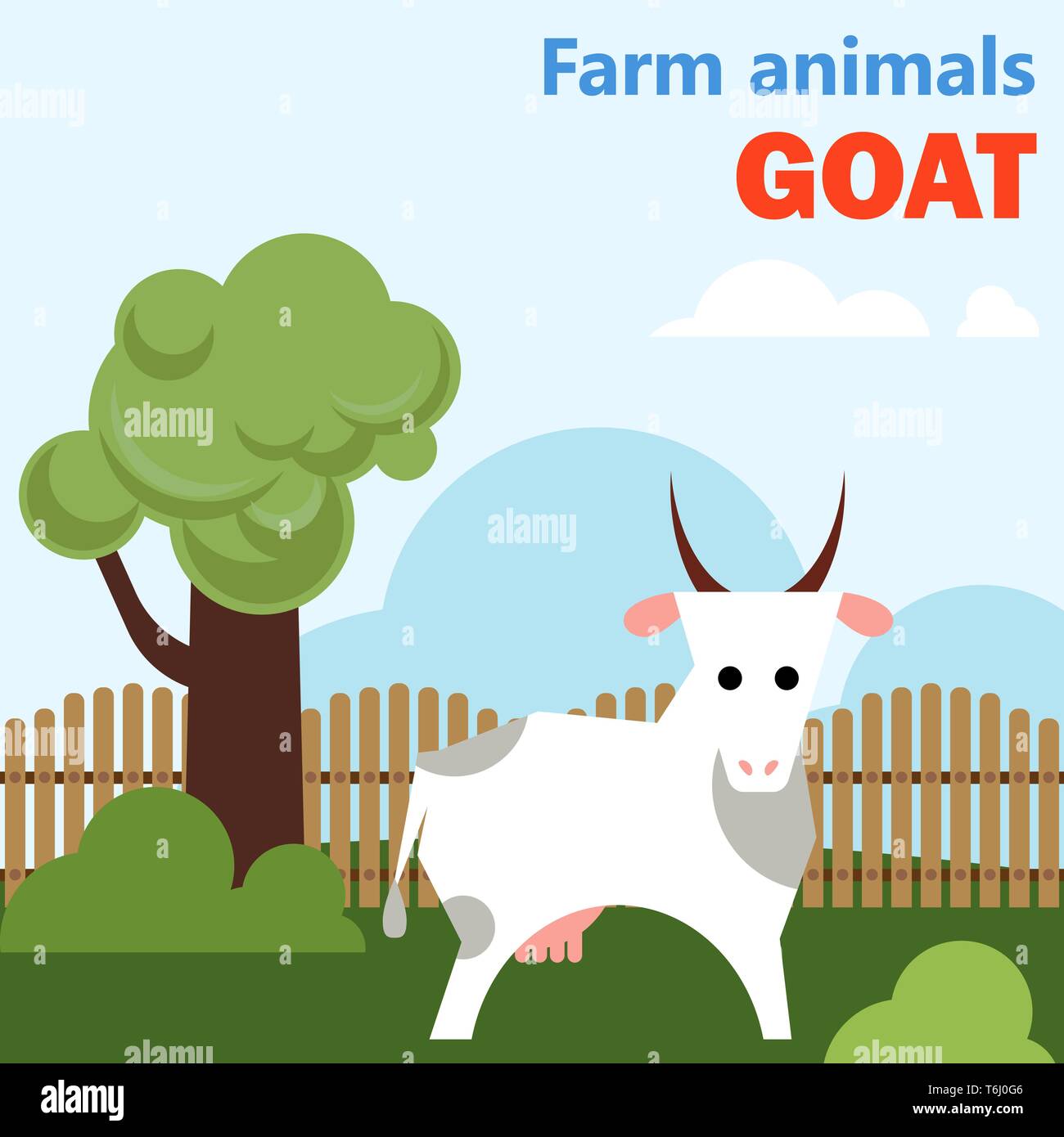 The Farm animal goat on peaceful meadow with grass and tree ...