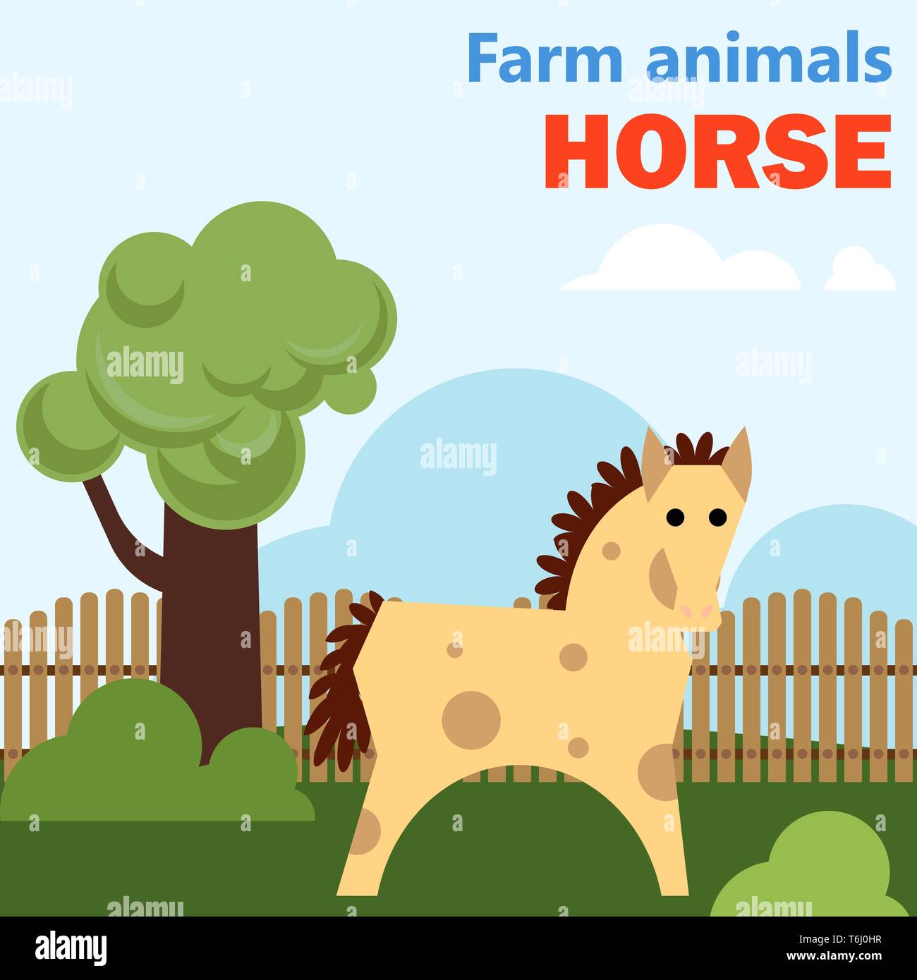 The Farm animal horse on peaceful meadow with grass and tree ...