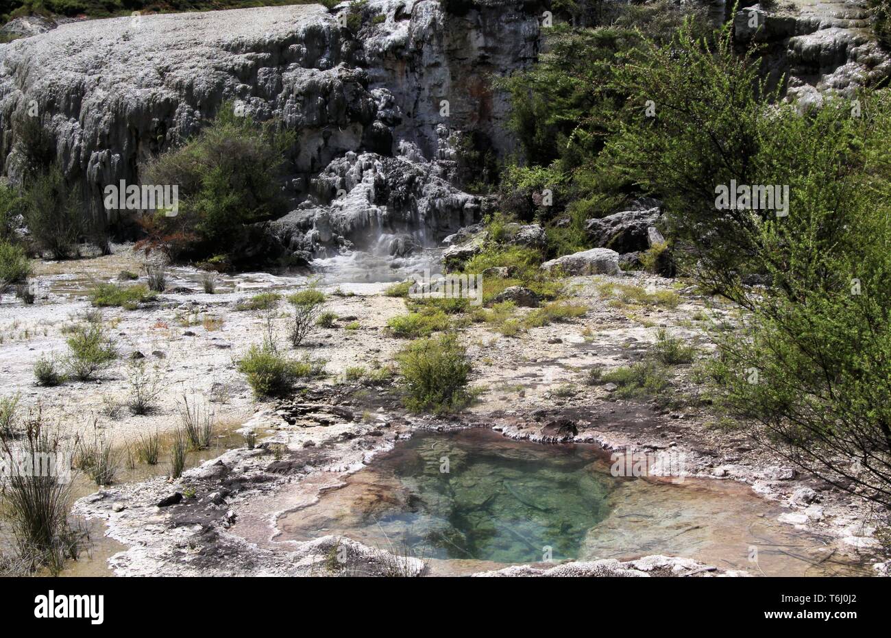 Orakei Korako hidden geothermal valley: View on cascade with steaming ...