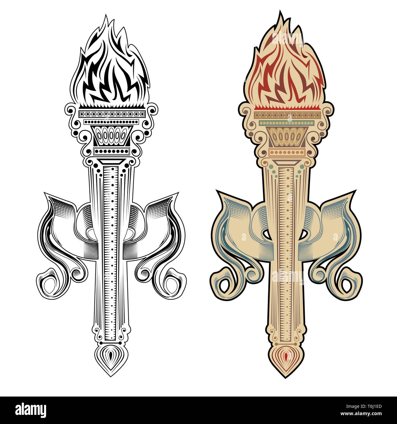 Torch with flame in engraving style, black and color on white Stock ...