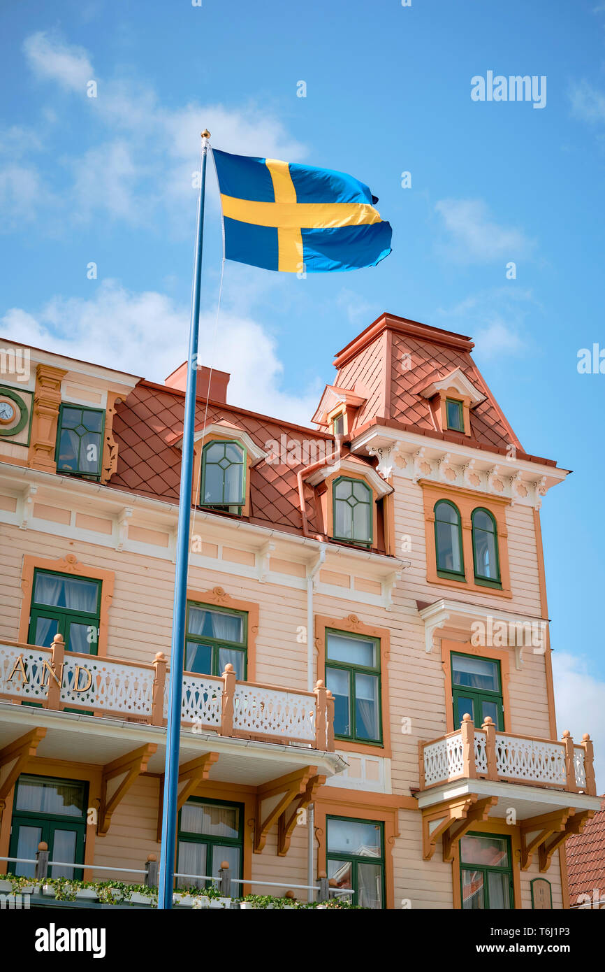 The painted timber facade of the Grand Hotel Marstrand in Marstrand on ...