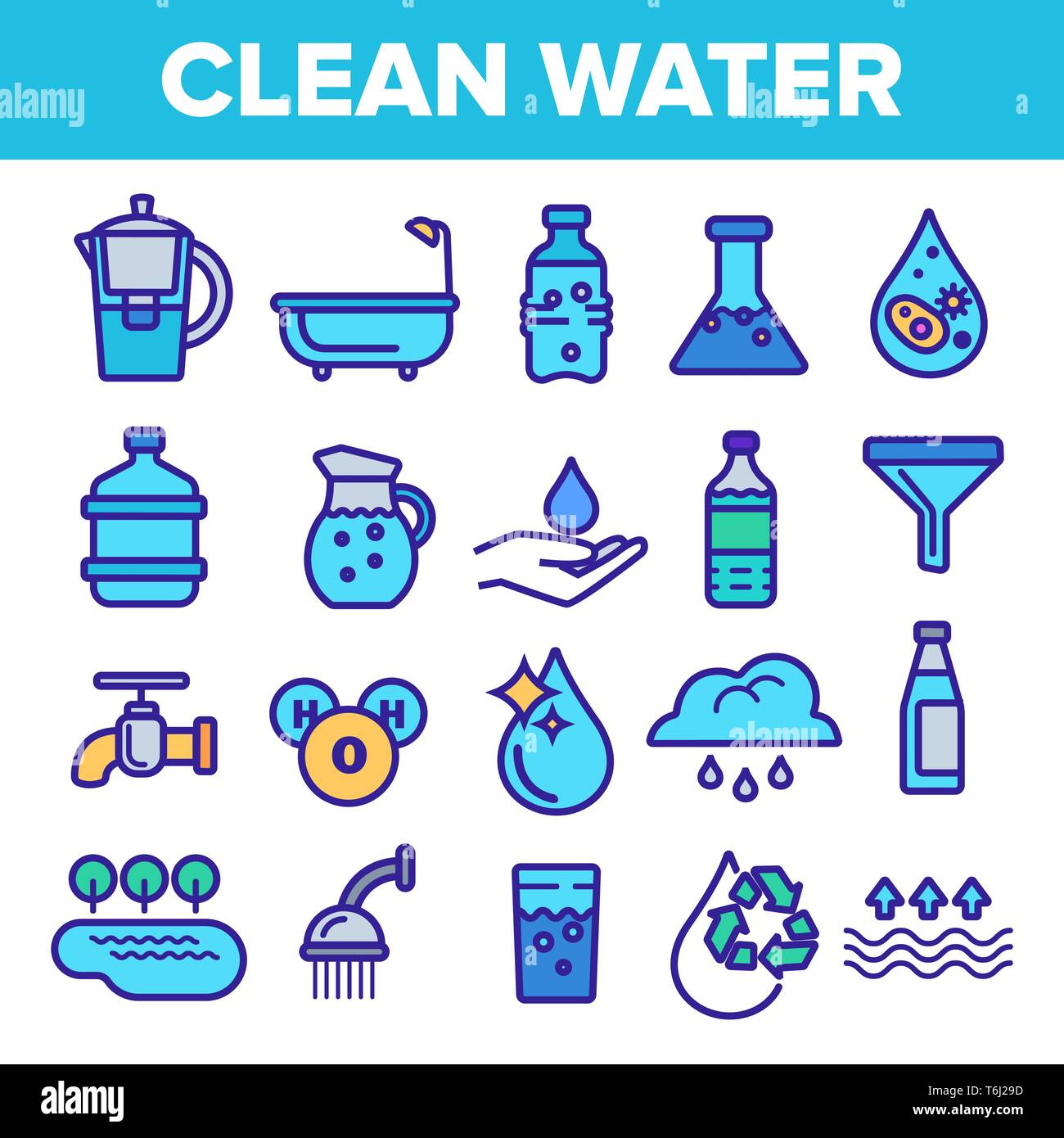 Clean Water Line Icon Set Vector. Nature Care. Drop Fresh Clean Water ...