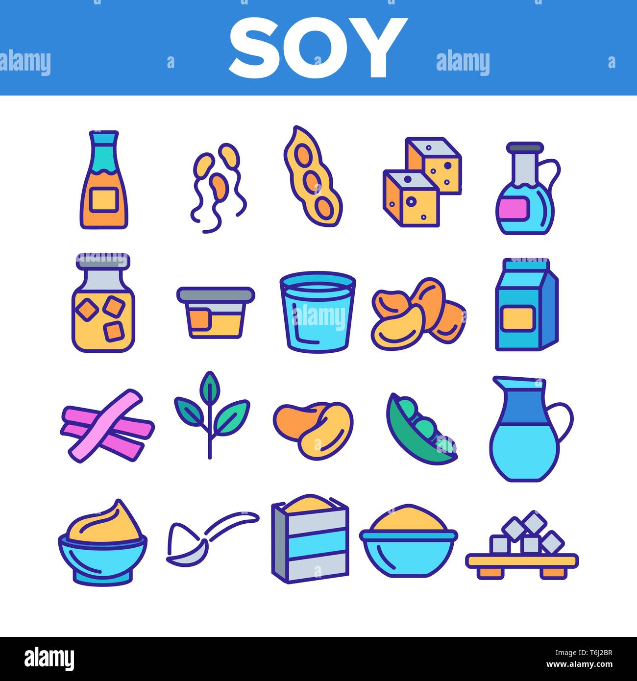 Soy Products, Food Linear Vector Icons Set. Vegetarian Soy Food Symbols ...