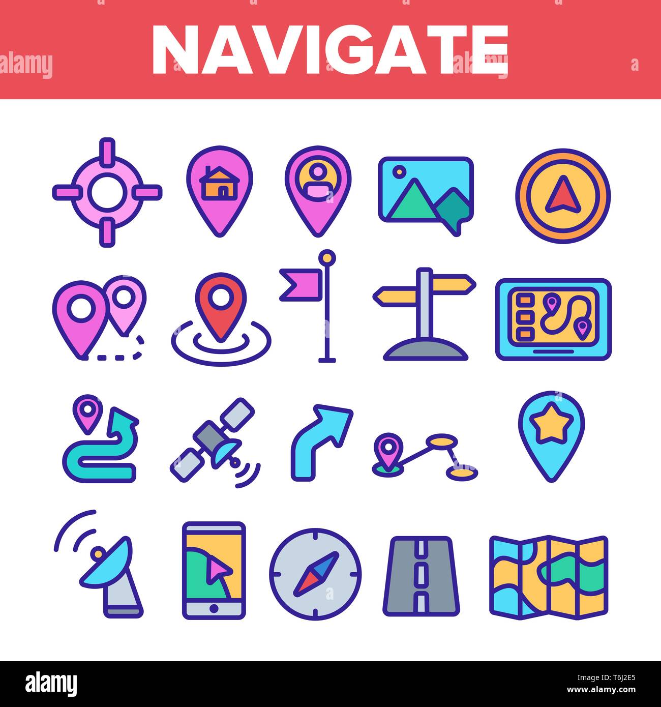 Navigation Linear Vector Icons Set. Navigation System Thin Line Contour ...