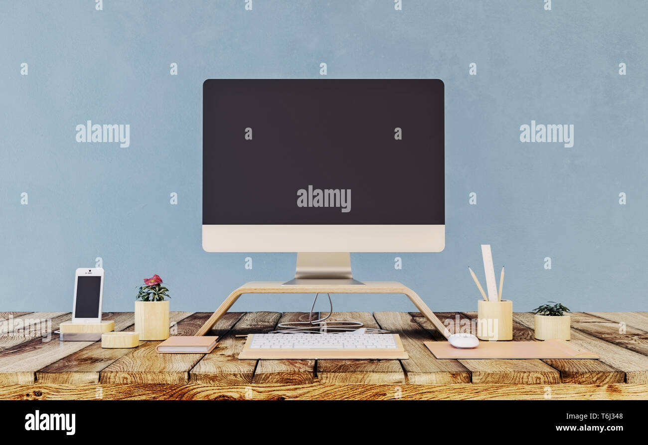 All in One computer with blank screen, keyboard, mouse, decoration and ...